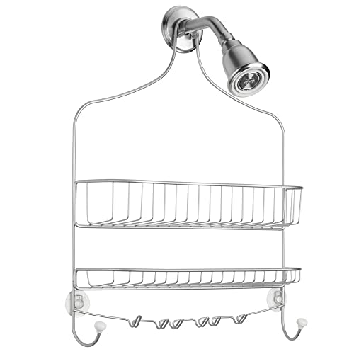 mDesign Metal Wire Tub & Shower Caddy, Hanging Storage Organizer Center with Built-In Hooks and Baskets on 2 Levels for Shampoo, Body Wash, Loofahs - Chrome