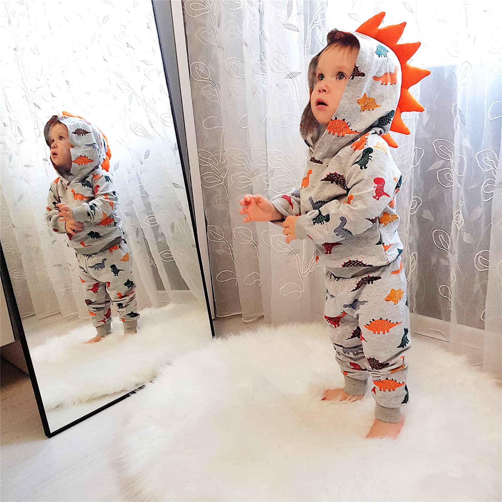 Toddler Infant Baby Boy Clothes Colored Dinosaurs Long Sleeve Hoodie Tops Sweatsuit Pants Outfit Set (12-18 Months)