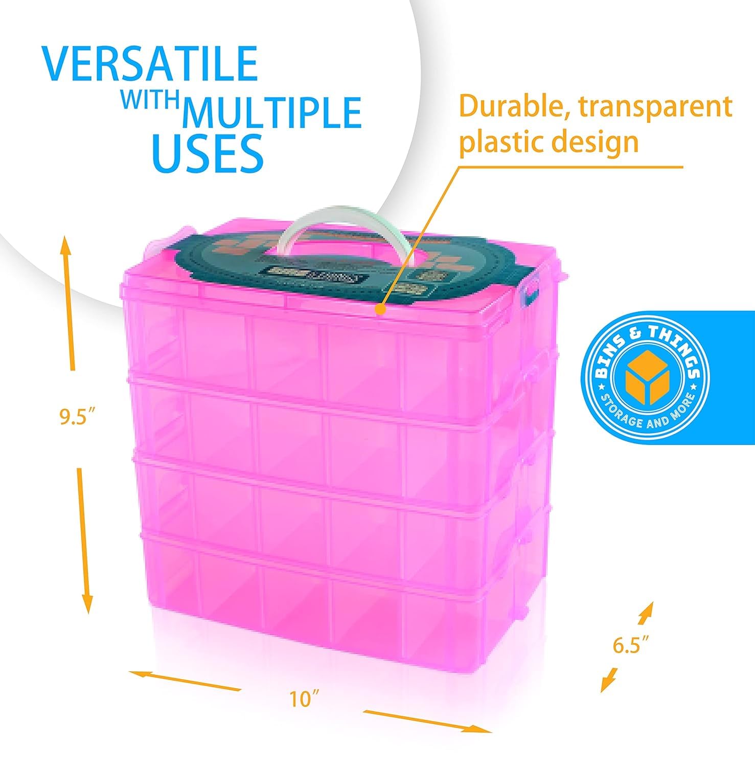 Bins & Things Bead Organizer with Adjustable Compartments - Durable Toy Organizers and Storage Solution for Dolls, Crafts, Mini Toy Figures, Jewelry and Beads - 4 Tier, 20 Compartments, Pink