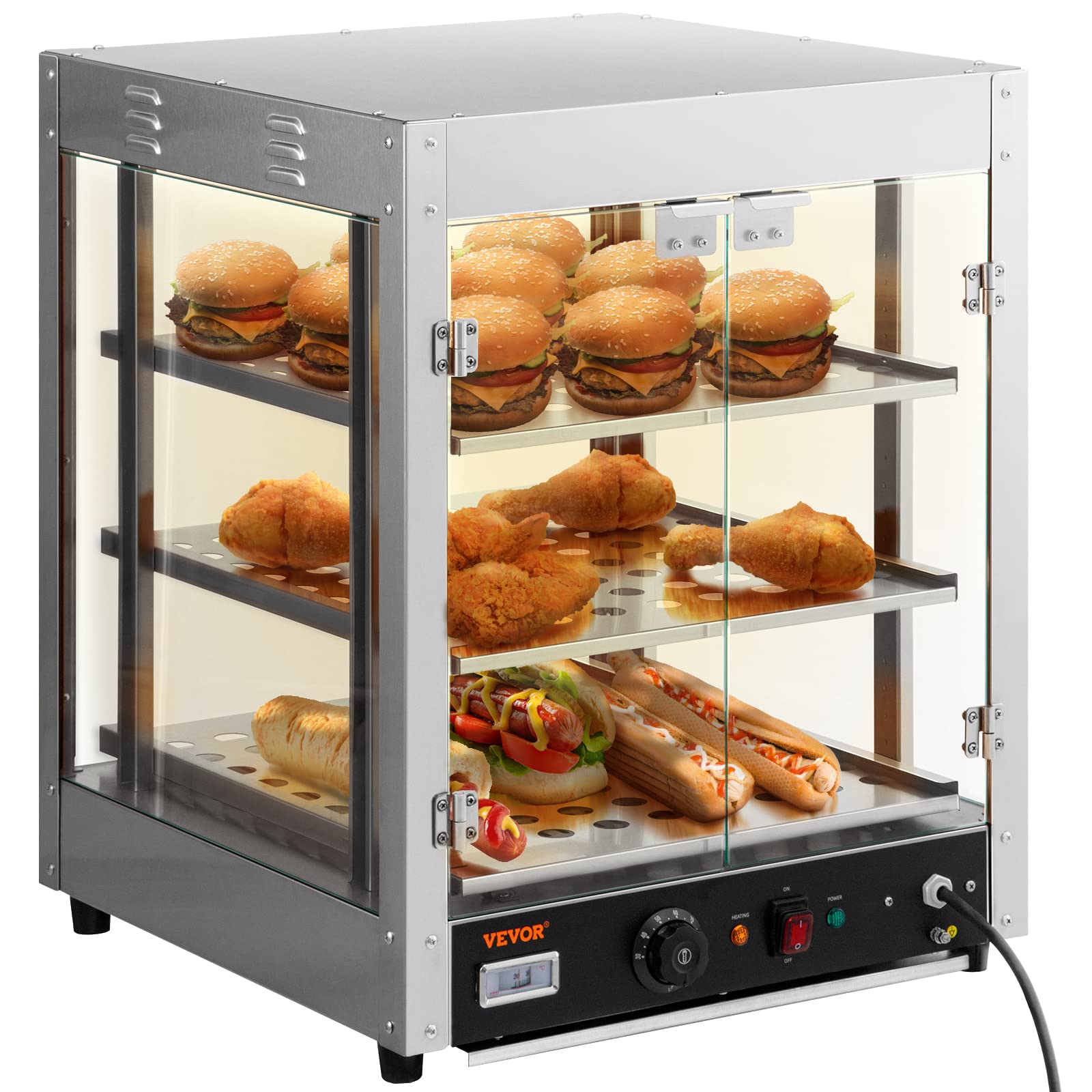 VEVOR Commercial Food Warmer Display, 3 Tiers, 800W Pizza Warmer w/ 3D Heating 3-Color Lighting Bottom Fan, Countertop Pastry Warmer w/Temp Knob & Display 0.6L Water Tray, Stainless Frame Glass Doors…