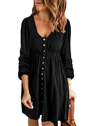 BTFBM Women 2023 Casual Button Down Summer Fall Dresses Long Sleeve Crew Neck Solid High Waist Short Tunic Mini Dress(Long Buttons Black, Medium)