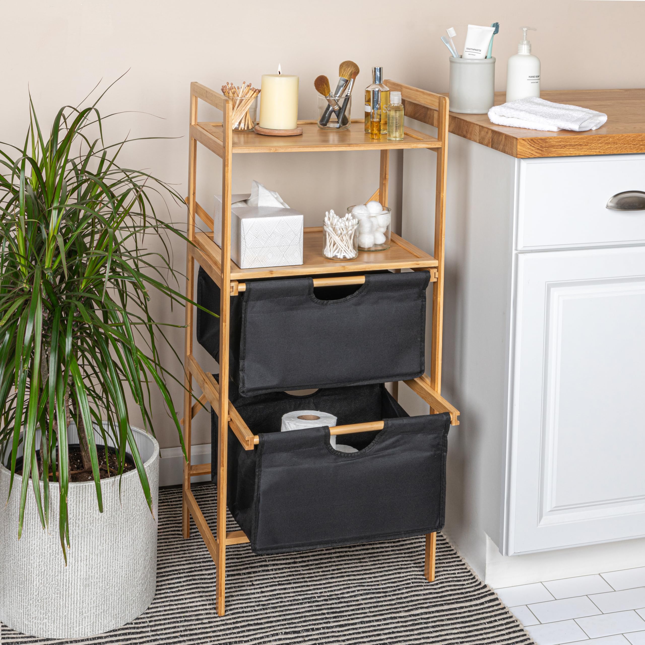 Household Essentials Bamboo Storage Shelf with Cotton Fabric Drawers, Natural and Black