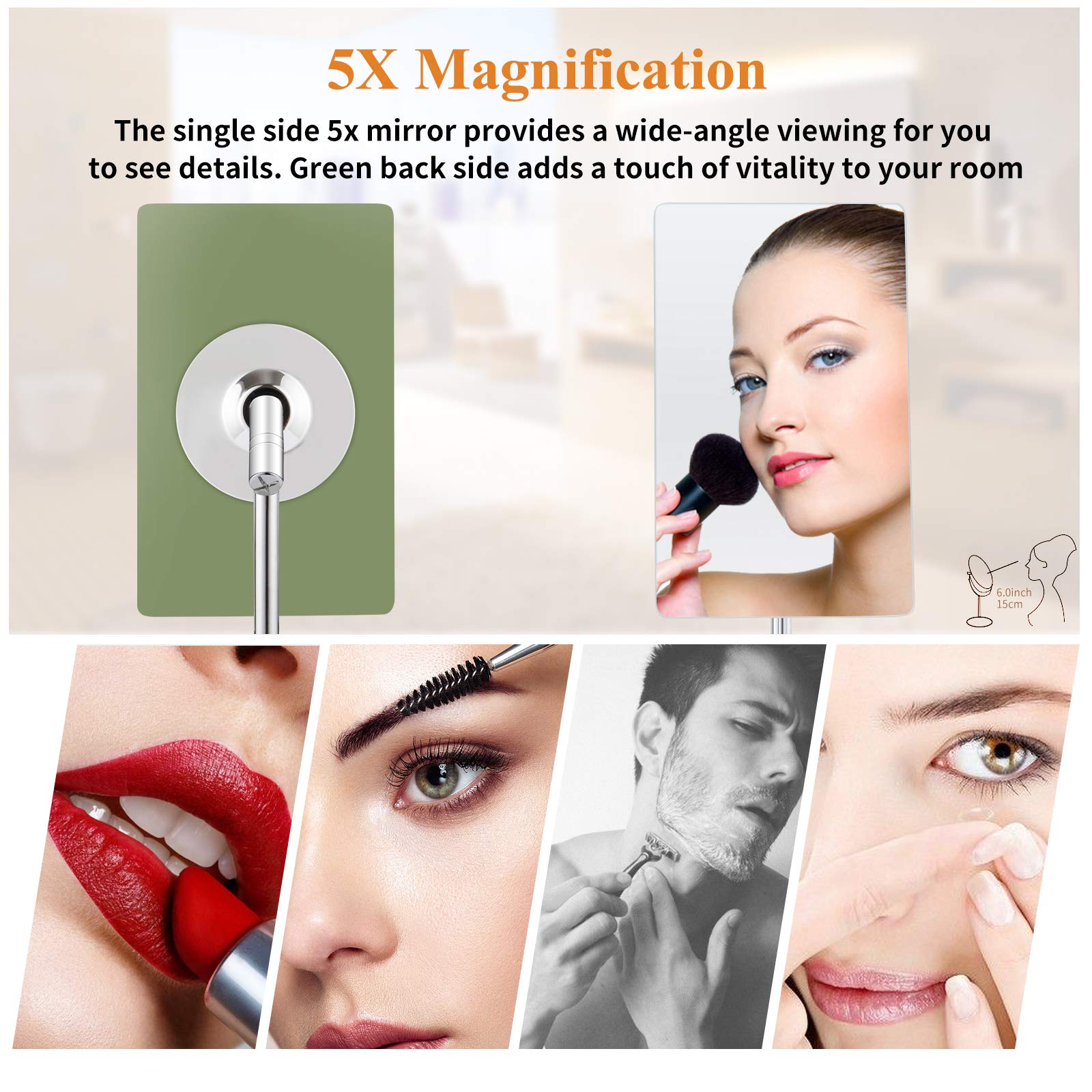 GURUN Frameless Rectangle Tabletop Vanity Mirror Single Side Adjustable Easy Positioning 5X Magnification 304 Stainless Steel Chrome Finish 2234(Chrome,5X