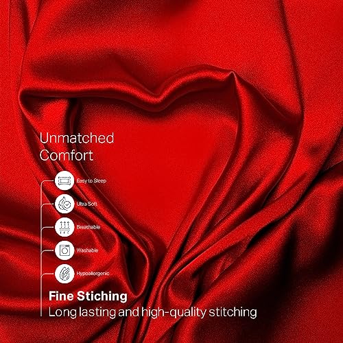 AL AHMEDANI LINEN Red Satin Sheets Queen - Luxurious 4-Piece Red Silk Bed Sheets - Silky Smooth, Deep-Pocket 1 Fitted Sheet, 1 Flat Sheet, 2 Pillowcases