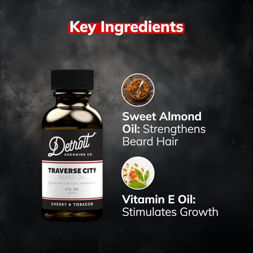 Detroit Grooming Co. Beard Oil – All-Natural, Hydrating Formula with Natural Oils, Vitamin E – Beard Oil (Cherry & Tobacco) – 1 oz (Traverse City)