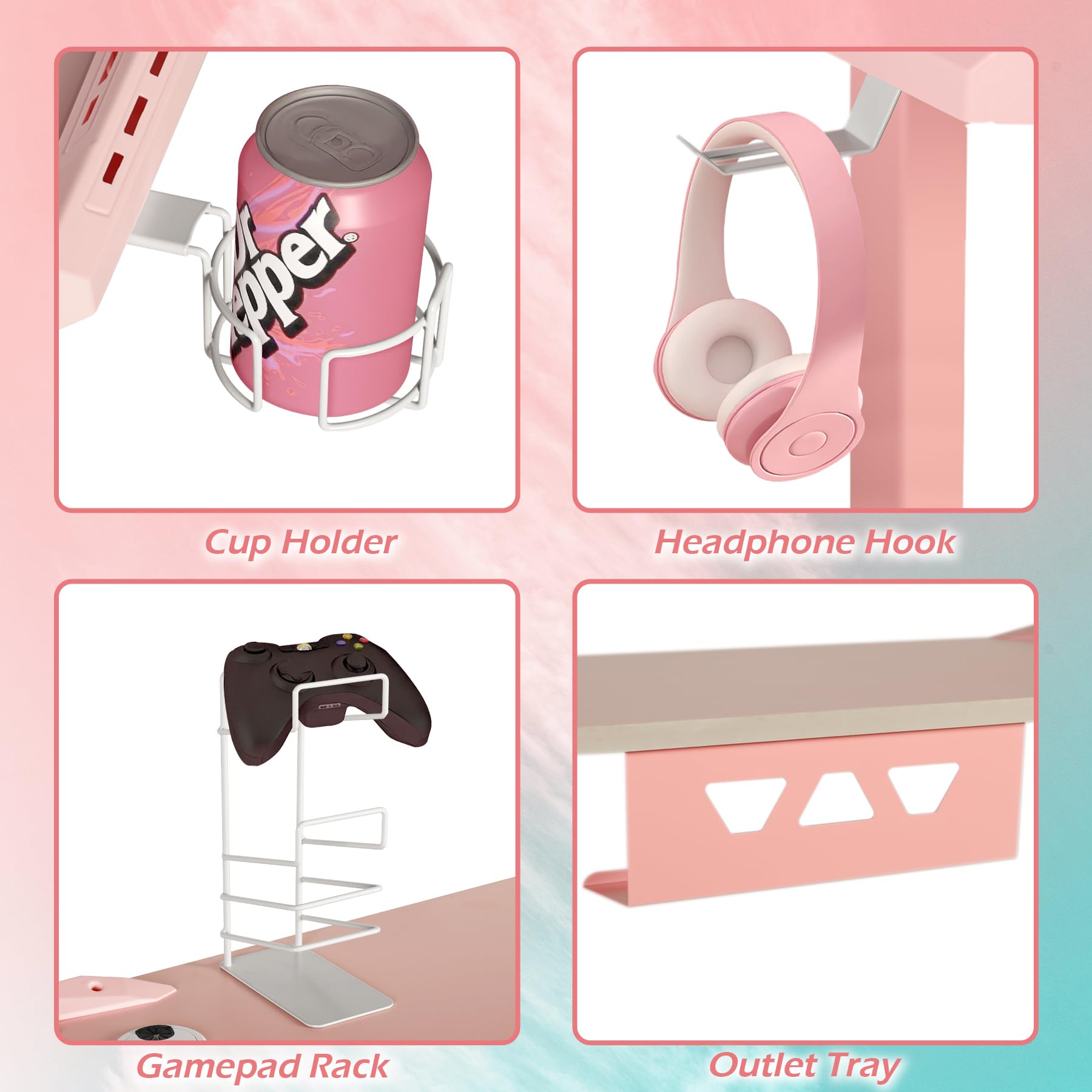 44 Inch T Shaped Gaming Desk, Pink PC Computer Gaming Table Standing Home Office Desk with Mouse Pad & Game Handle Rack, Study Writing Workstation with Outlet Tray Cup Holder Headphone Hook