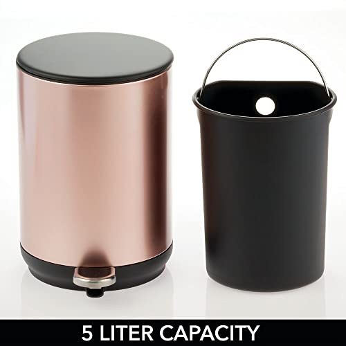 mDesign Slim Stainless Steel Toilet Bowl Brush and Holder + Round Gallon Step Garbage Can Wastebasket Bin for Bathroom Cleaning/Storage - Holder for Garbage and Waste - Set of 2 - Rose Gold/Black
