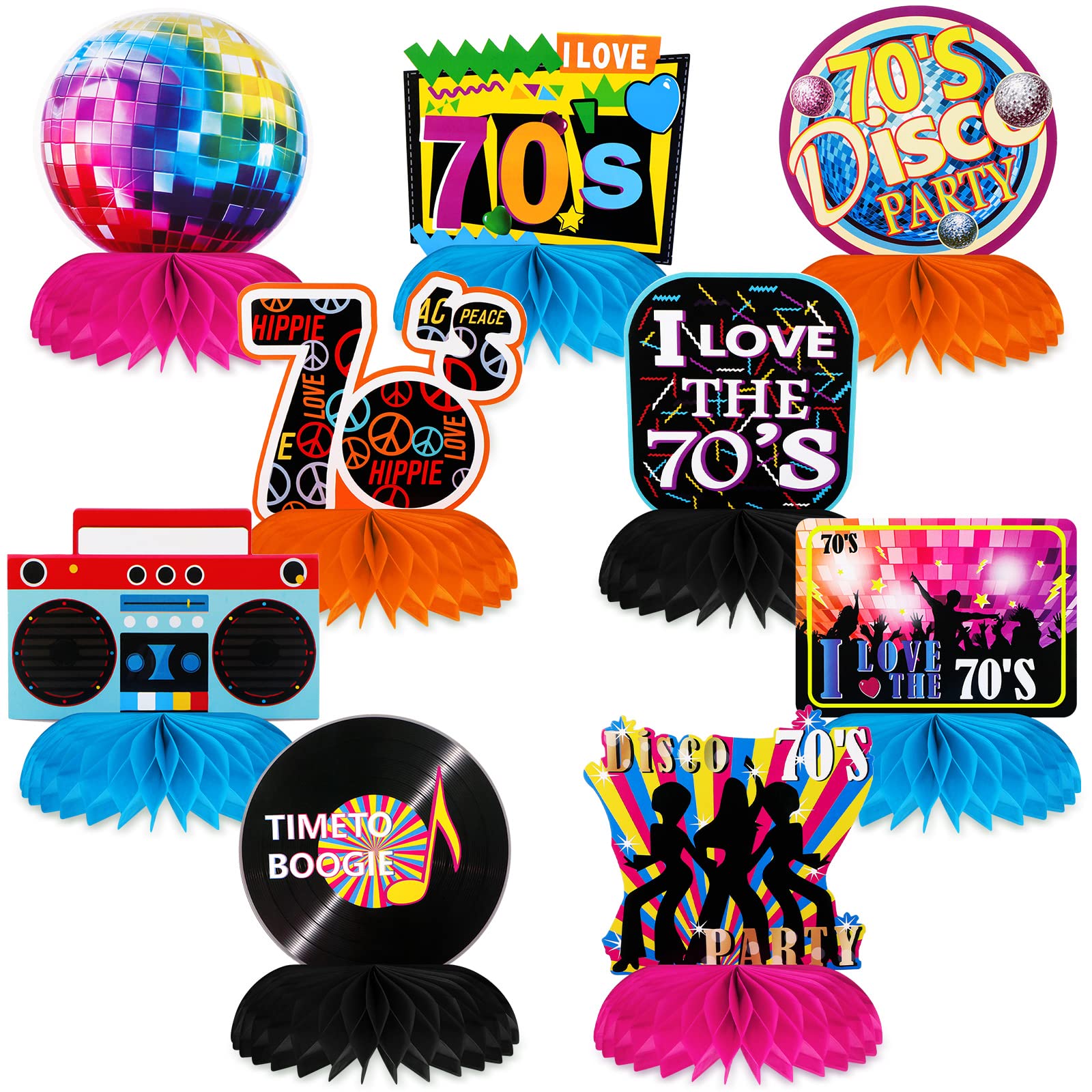 9 Pcs 70s Party Decorations Back to 70s Honeycomb Centerpieces Colorful Disco Party Favors 70's Boogie Centerpieces Disco Cake Topper for 70s Theme Birthday Music Party Decorations Retro Table Decor