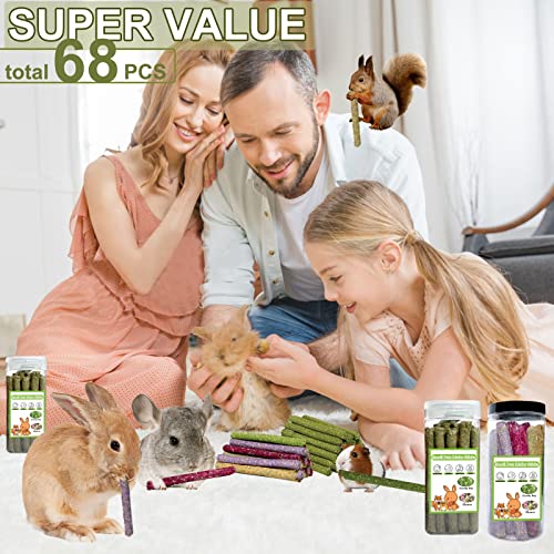 AKLHLKK 68PCS Rabbit Chew Toys, Natural Timothy Hay Sticks Guinea Pig Chews for Teeth Hamster Molar Treats Snacks Accessories for Bunny, Chinchillas, Rats, Gerbils and Other Small Animals