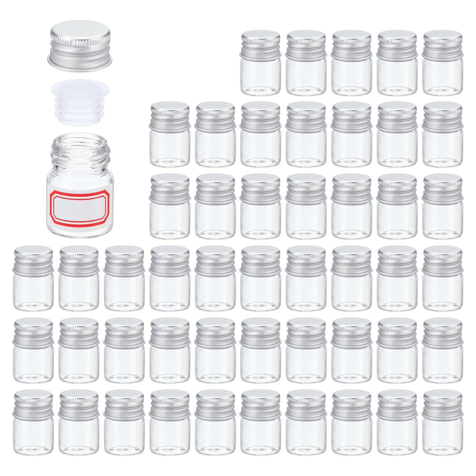PATIKIL 5ml Clear Glass Vials, 50 Pack Small Liquid Sample Vial with Screw Caps Plastic Stoppers and 64 Labels Leak-Proof Bottles Empty Jars