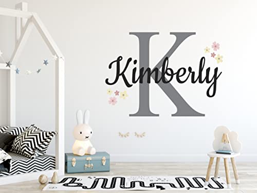CuteDecals Custom Name and Initial with Flowers Wall Decal - Personalized & Art Mural Girls Decor Stickers for Nursery Bedroom Decoration (Mini Wide 16 inchx10 inch Height)
