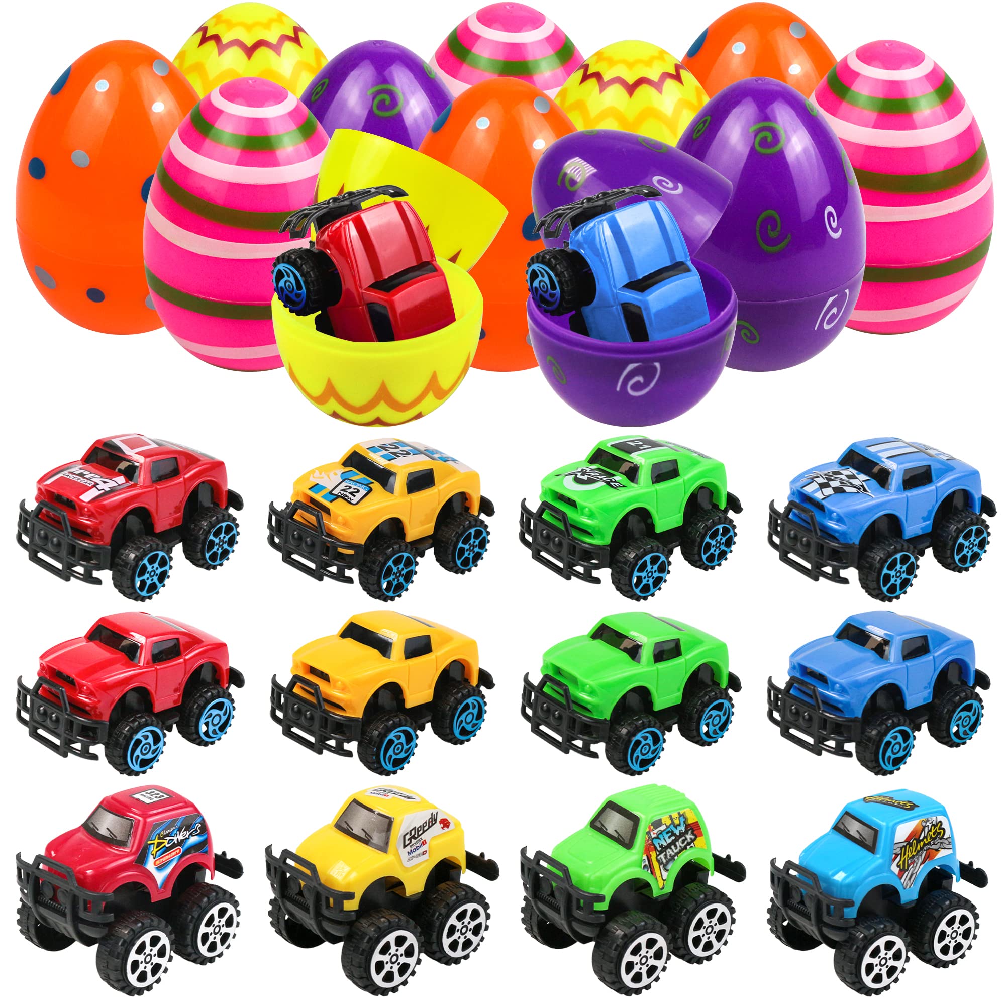HALOGATE Easter Eggs Fillers Easter Basket Stuffers, 12 PCS Plastic Easter Eggs with Pull Back Cars Inside, Easter Egg Surprise Filled Toy Vehicles for Kids Gifts Party Favors Easter Eggs Hunt