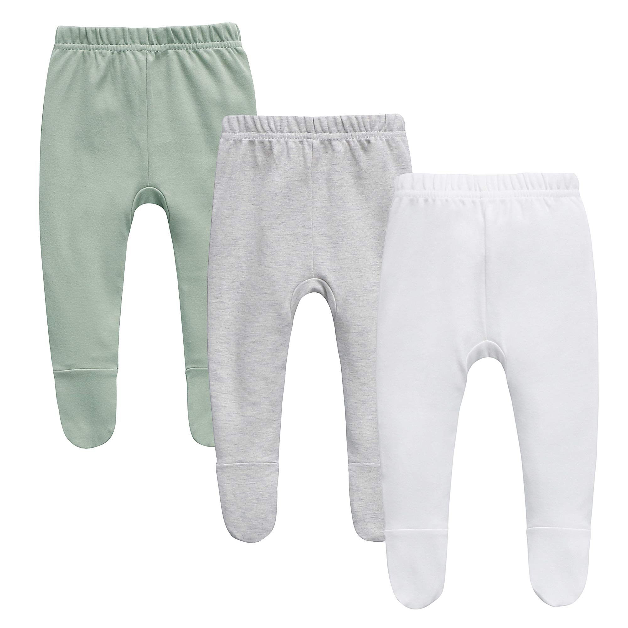 O2 BABY Organic Cotton Unisex Baby Jogger Pants, 3-Pack Pull-on Bottoms, Newborn Leggings (Newborn, Grey/White/Green)