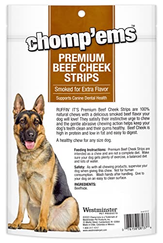 Chomp'ems Beef Cheek Strips, 8 Pack - Healthy, Protein Rich Treats for Dogs - Long Lasting Dog Chews