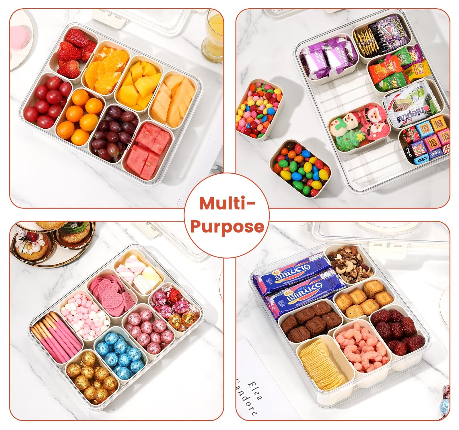TOGGOT Portable Snackle Box Container - Divided Serving Tray with Lid and Handle, Clear Snack Box Organizer for Fruits, Candy, Charcuterie, Snacks - Ideal for Party, Travel & Beach - 2 Pack