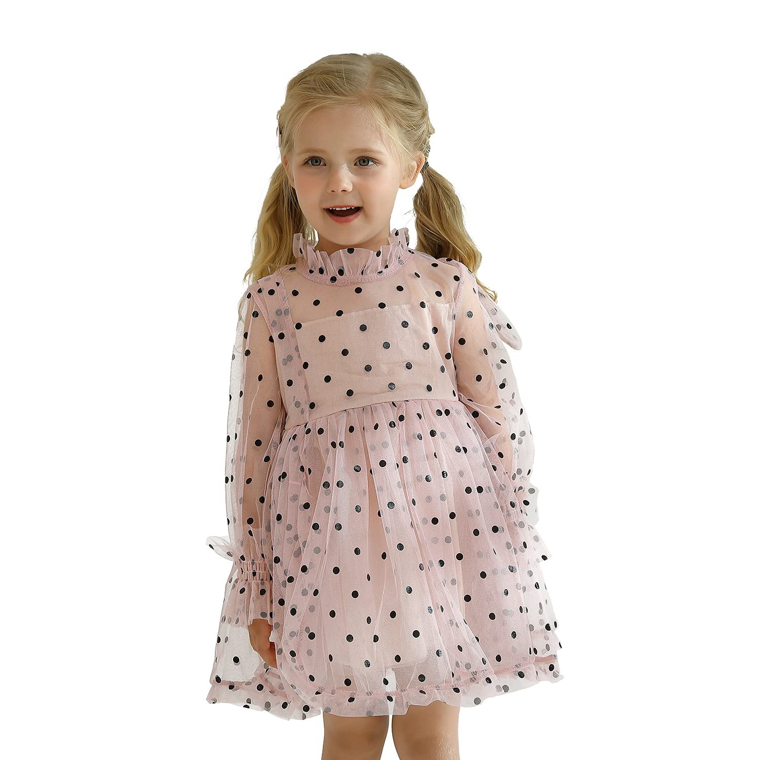 TTYAOVO Princess Girl Lace Dress Casual Flower Girls Baby Polka Dots #226_A Pink 6-7 Years