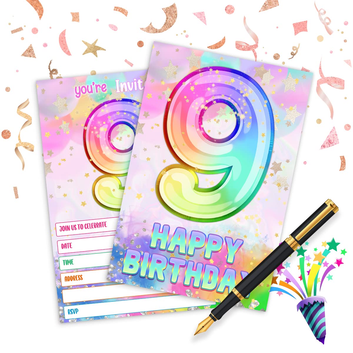 MUZRUYOU 9th Birthday party Invitation Cards, Rainbow Holographic invite with Envelopes(20 set