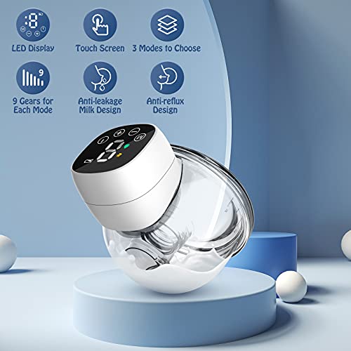 Akaho Wearable Breast Pump, Low-Noise and Painless Hands Free Electric Breast Pump with 3 Mode & 9 Levels, 24mm Default and Come with 6 Flanges (White-Double)
