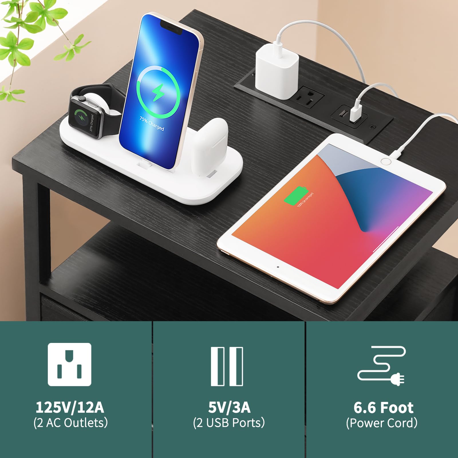 Yoobure Night Stand with Charging Station, 16 Colors LED Nightstand with USB Ports and Outlets, End Table with 3 Fabric Drawers and Storage Shelf, Bedside Tables Small Dresser for Small Space Black