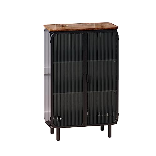 Aisurun 28.35" Modern Storage Cabinet Sideboard with 2 Glass Doors, Fir Top & 3 Storage Shelves for Entryway Living Room Home Office Dining Room, Black+Brown