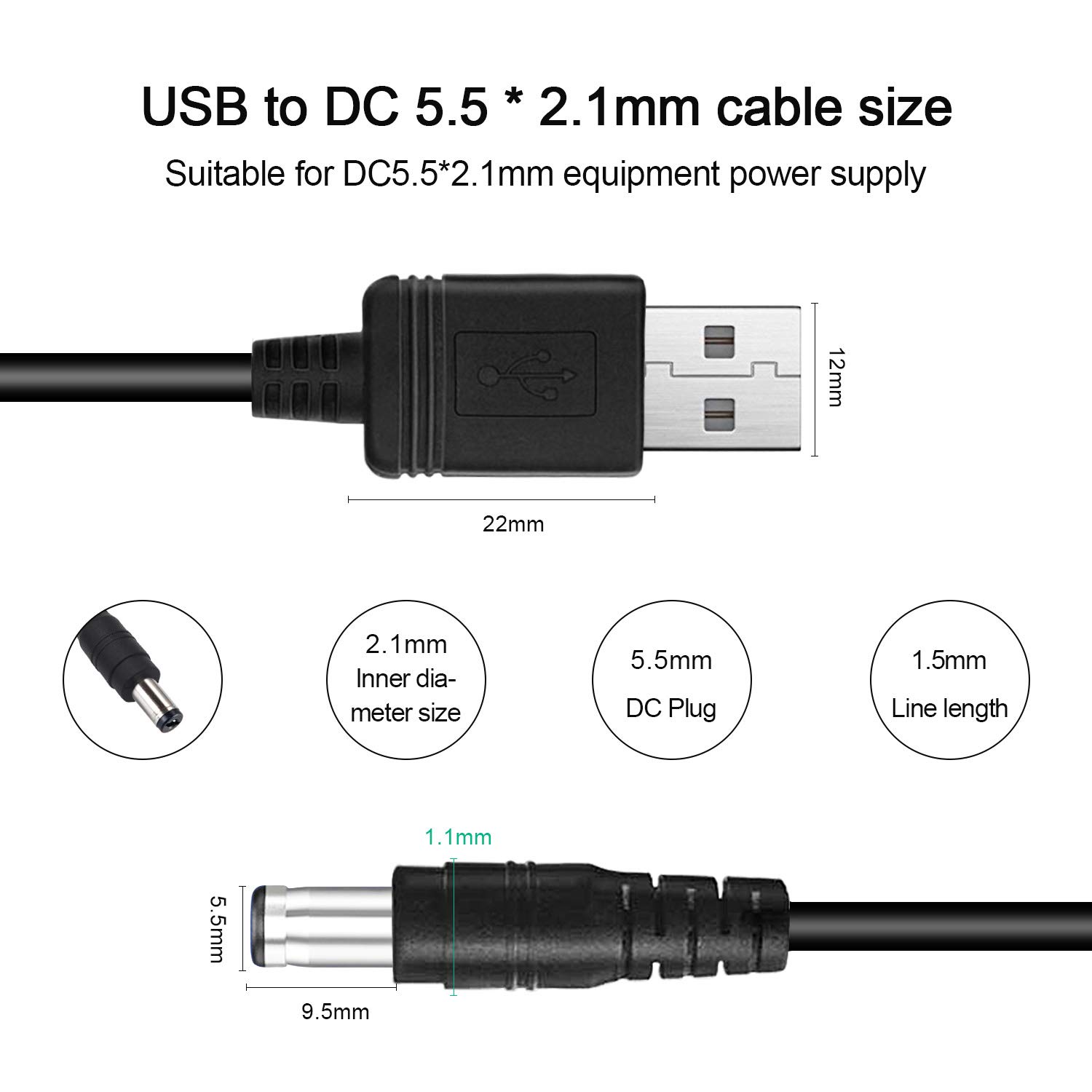 XINYUWIN 5FT USB to DC 5V Power Cable 5.5 * 2.1mm Barrel Jack with 10 Connectors Adapter for HUB Splitter, LED Lights, Router, Mini Fan, Speaker Etc.
