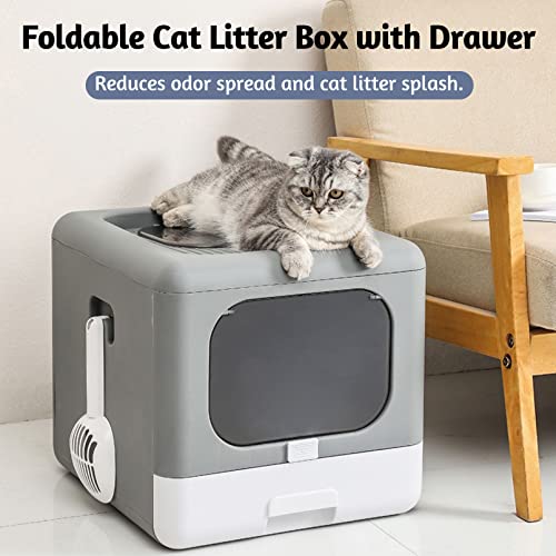Fhiny Foldable Cat Litter Box with Lid, Enclosed Drawer Kitty Litter Pan Front and Top Entry Door Cat Potty with Plastic Scoop Anti-Splashing No Smell Easy to Scoop