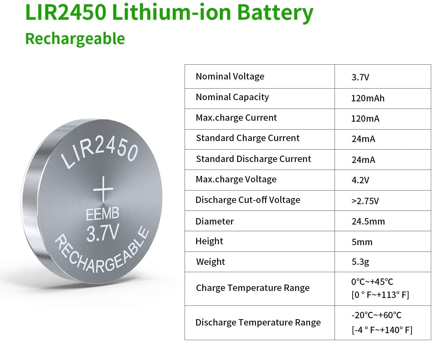 EEMB LIR2450 Rechargeable Battery 2450 Li-ion Battery Charger with 3.7V 120mAh Lithium-ion Coin Cell Battery