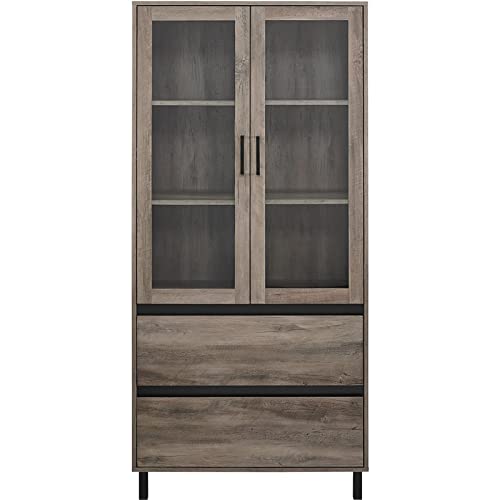 Walker Edison Furniture Company Glass Door Storage Hutch, 68 Inch, Grey Wash