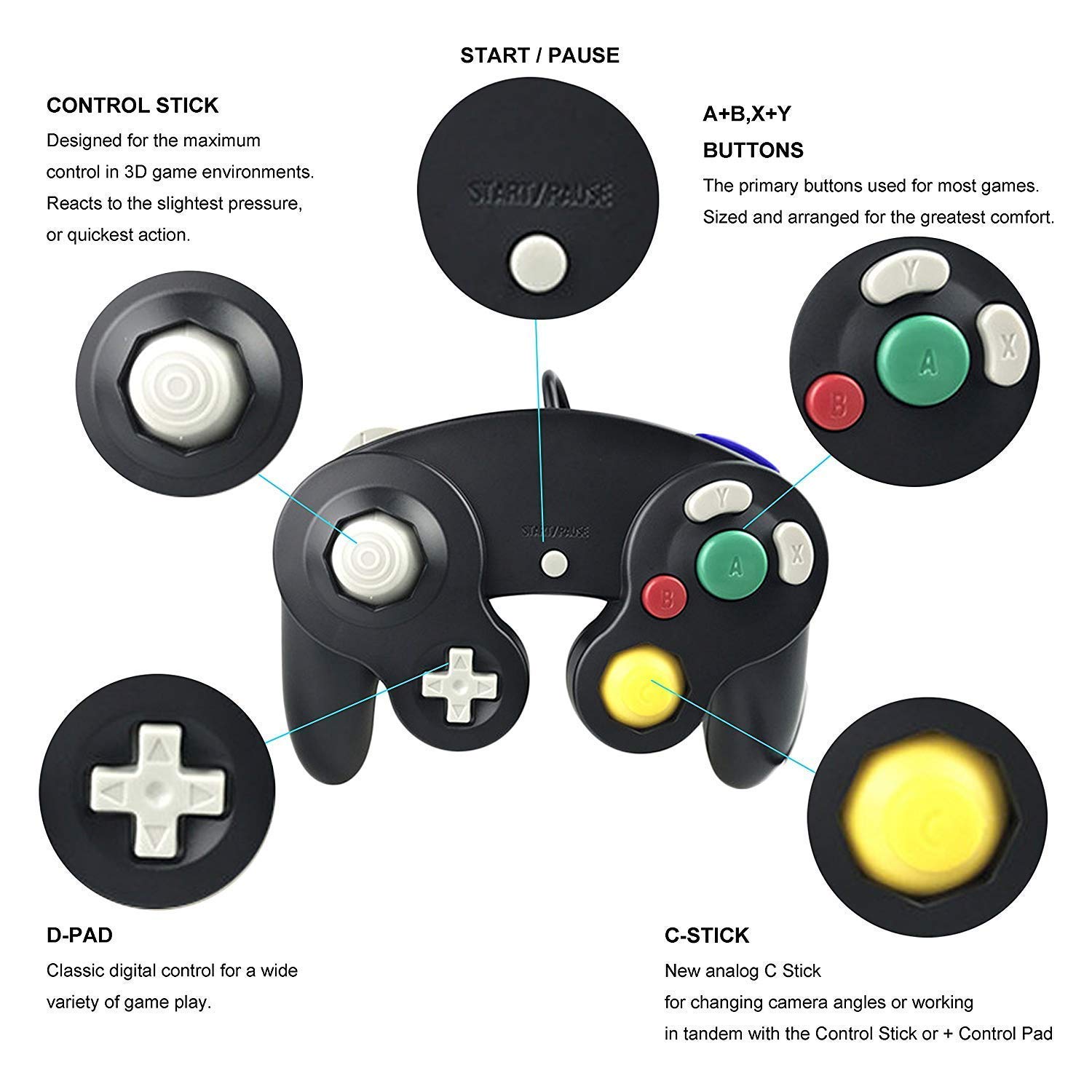 4 Controllers for Gamecube with 4 Extension Cables and 4-Port USB Adapter for Switch PC Wii U Console (Black+Blue+Red+Green)