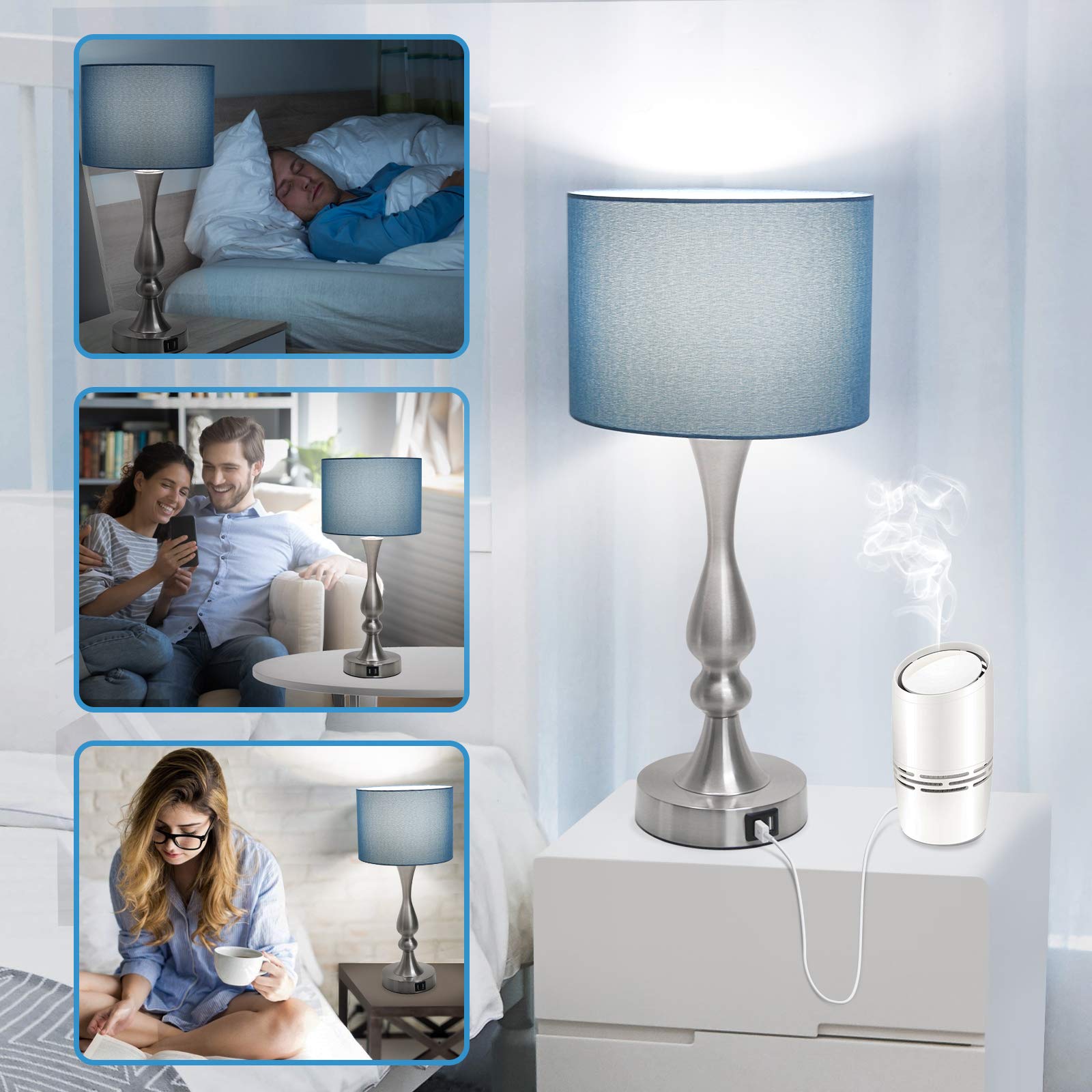3-Way Dimmable Touch Control Table Lamp with Dual USB Charging Ports, Bedside Touch Lamp Modern Accent Lamp with Blue Lampshade, Bedroom Nightstand Lamp for Living Room Office, 6W LED Bulb Included