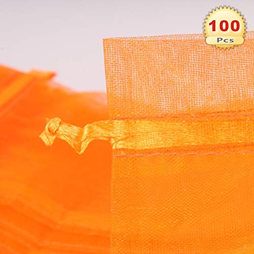 PMLAND 100 Pieces Orange Organza Drawstring Pouches for Candy Jewelry Party Wedding Favor Gift and Present Bags 4 x 6 Inch