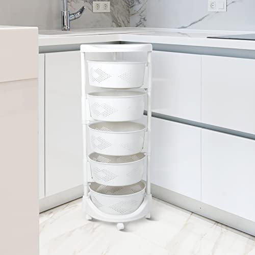 JELLYRATTBIT 5 Tier Round Rotating Multi-Layer Kitchen Storage Rack, Fruit and Vegetable Storage Basket Floor-Standing Storage Rack Household Storage Rack for Kitchen Living Room Toilet - White