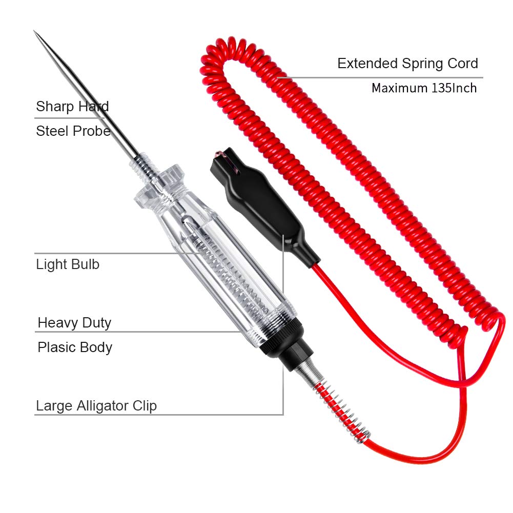 2PCS Heavy Duty Automotive Circuit Tester, Premium 6-24V Test Light with Extended Spring Test Leads & Sharp Piercing Probe, Circuit Voltage Tester with Replacement Indicator Light for Car/Vehicles