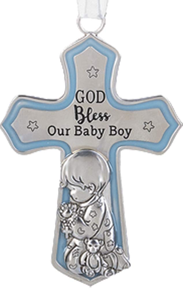 Ganz U.S.A., LLC Ornate Crib Cross Decor with White Ribbon Baby Boy for Baptism, Christening, Baby Shower God Bless Our Baby Boy