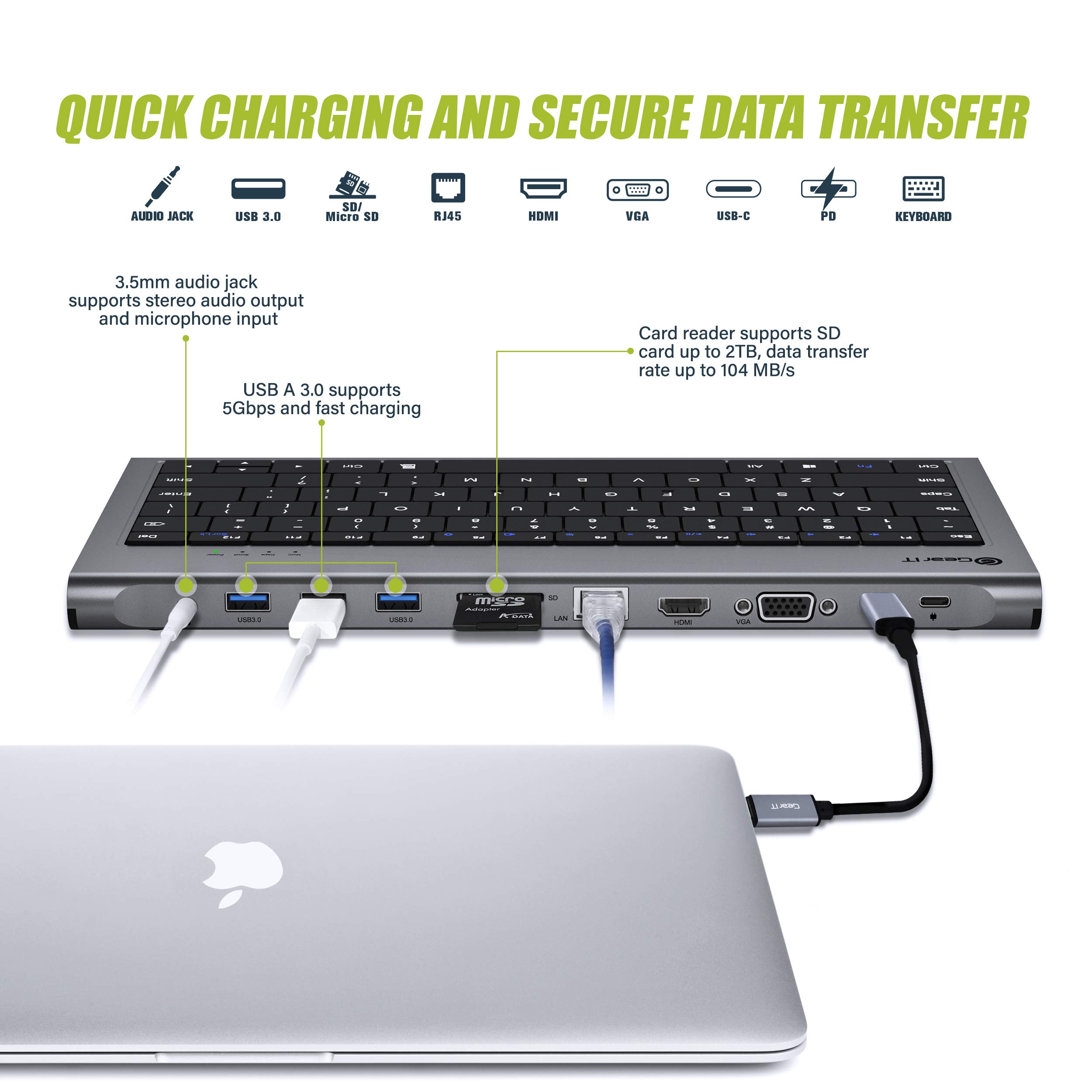 GearIT Keyboard 11-in-1 Hub Docking Station USB-C PD 100W | USB-C 3.1 | x3 USB-A 3.1 | HDMI 4K | SD and MicroSD 3.0 | VGA | RJ45 Ethernet | 3.5mm Audio