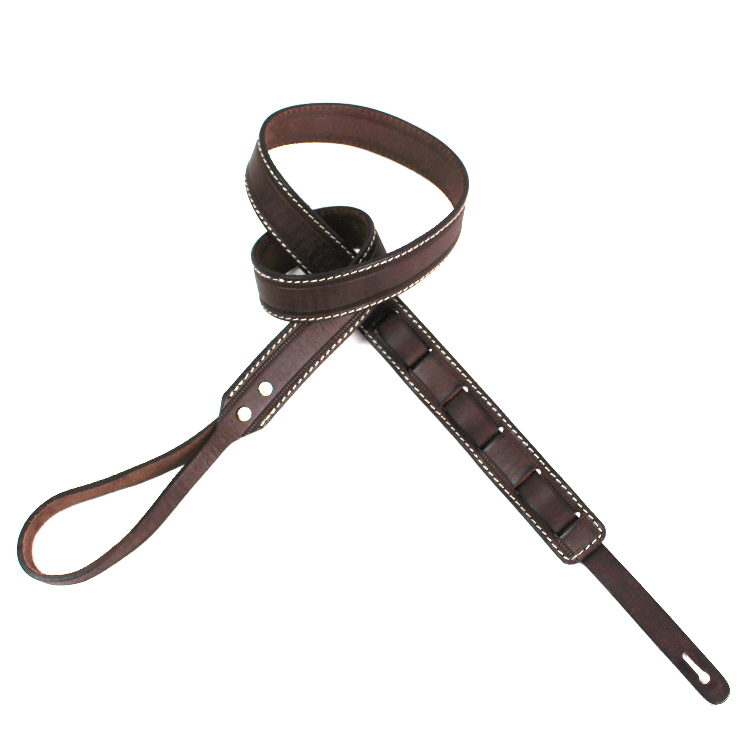 Walker And Williams M-13 Premium Handmade Hickory Brown With White Stitching Thick Grain Leather Loop End Mandolin, Mandola, Bouzouki or Uke Strap For A and F Type Mandolins