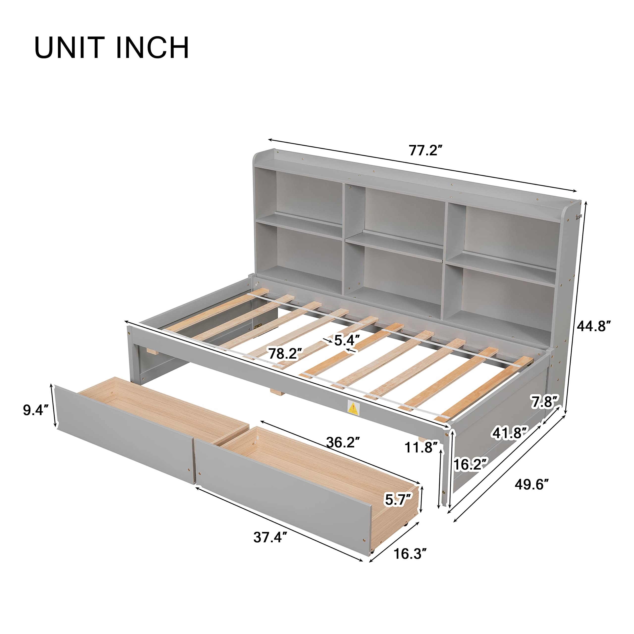 Twin Size Captain Bed with 2 Storage Drawers Wood Day Beds with Side Bookcase, Twin Bed Frame for Kids, Boys, Girls & Teens, No Box Spring Needed, Grey