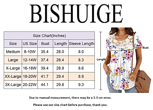 BISHUIGE Women's Casual Loose Short Sleeves Tunic Tops Lace Panel Pleated T-shirts Blouses with Leggings, M, Carved White - Black