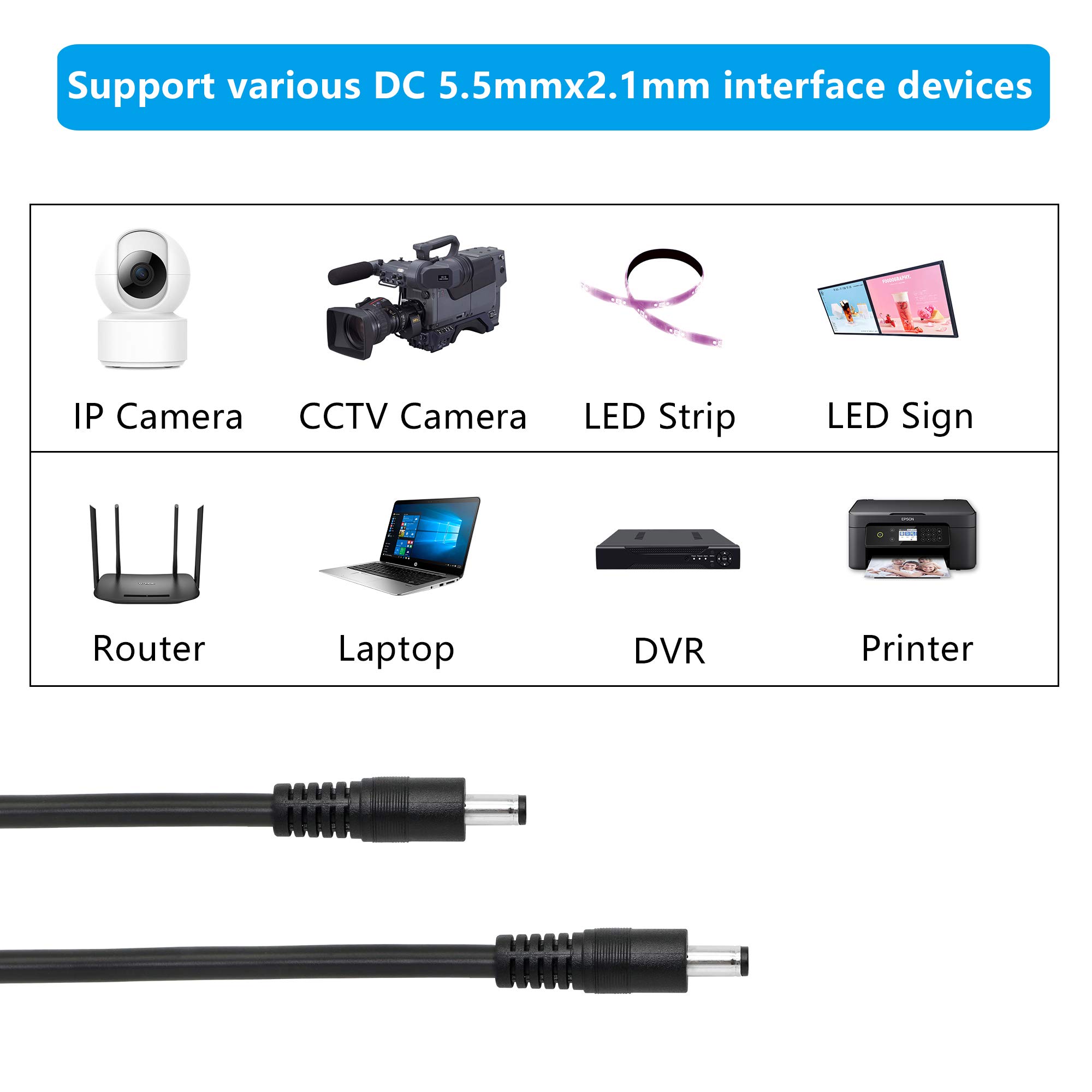 GINTOOYUN DC to DC Cable,3FT 18AWG DC 5.5MM x 2.1MM Male to Male Plug Power Adapter Cable for LED, CCTV, Car, Monitors,etc(2 Pcs)