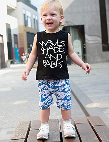Helbaar Baby Boy Clothes Waves Shades and Babes Print Summer0 6 12 18 24months 2 3 T Black Sleeveless Tops and Wave Short Pants Outfits Set(18-24months)