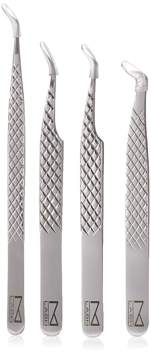 M LASH Tweezers for Eyelash Extensions (Set of 4) - Professional Lash Extension Tweezers - Fiber Tip, Japanese Steel, Diamond Grip Eyelash Extension Tweezer (Silver)