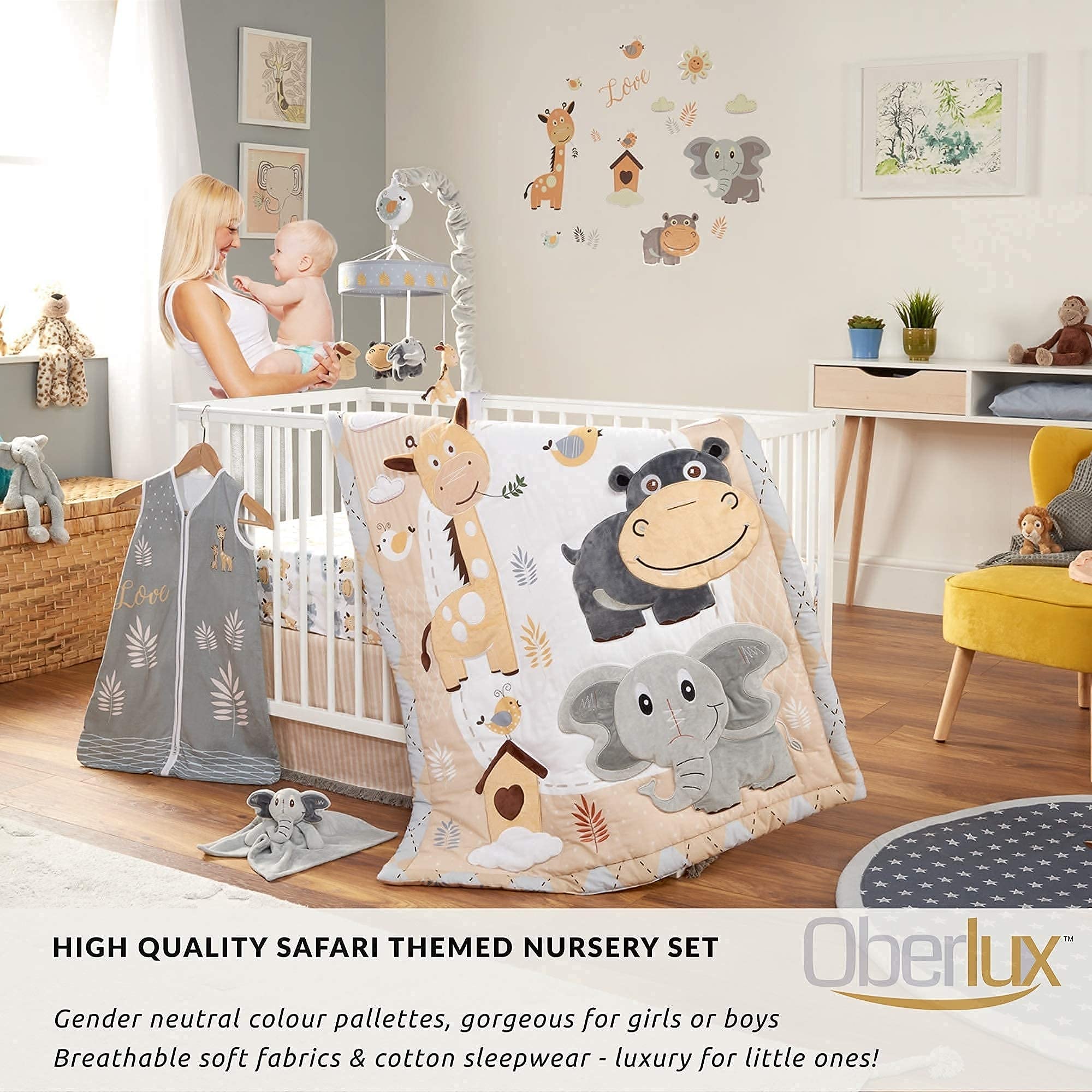 OBERLUX Crib Bedding Set + Baby Play Mat + Musical Crib Mobile - Baby Nursery Room Bundle Set