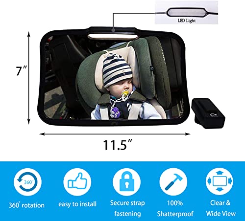 Moyu Home Baby Car Mirror, Infant Rear Facing Car Seat Mirror with Light,Child Shatterproof Observation Mirror,Crystal Clear View with 360° Pivot, Black