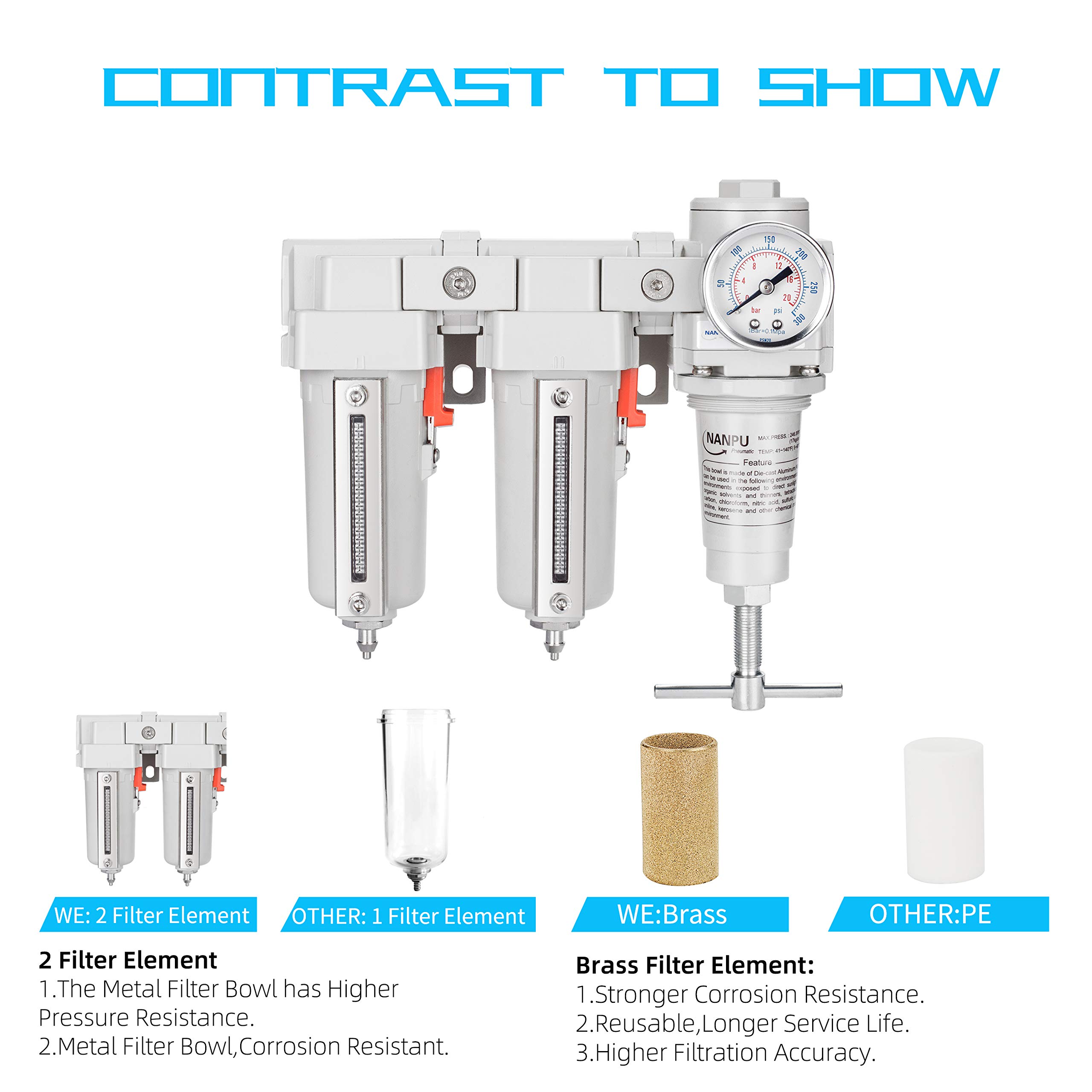 NANPU 1/2" NPT T-Handle High Pressure Air Drying System - Double 5 Micron Particulate Filter & Air Pressure Regulator Piston Combo, Semi-Auto Drain&Gauge