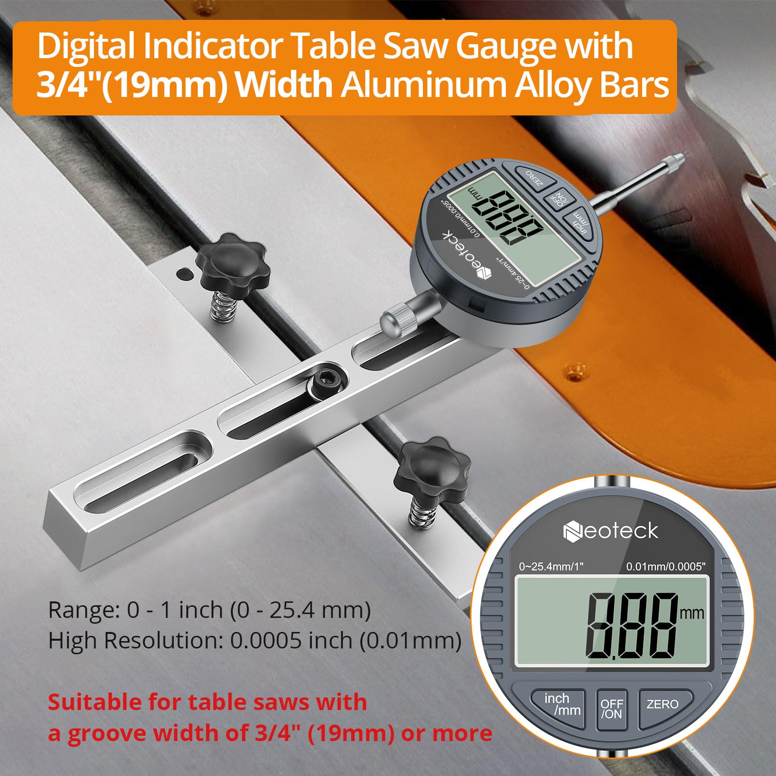Neoteck 0-1'' Digital Dial Indicator Table Saw Gauge Suitable for Table Saws with a Groove Width of 3/4" (19mm) or more for Aligning and Calibrating Work,Shop Machinery,Band Saw and Drill Press-Silver