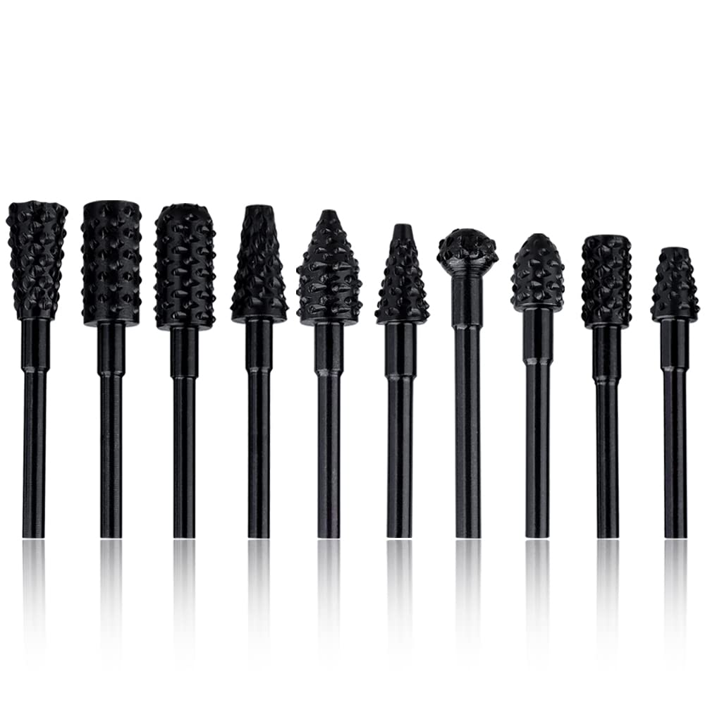 Mesee 10 Pieces Rotary File Rasp Set, 3mm(1/8") Round Shank Rotary Burrs Carbon Steel Carving File Rasp Twist Drill Bits Electric Ginder Rasp Accessory for Woodworking Drilling Engraving