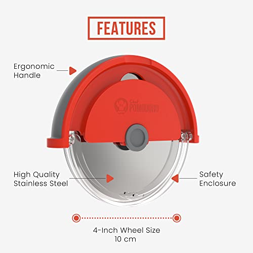 Chef Pomodoro Pizza Cutter Wheel with Protective Cover Blade Guard, Easy to Clean, 4-Inch Super Sharp Slicer, Stainless Steel Kitchen Gadget, Pizza Making Accessories (Orange)