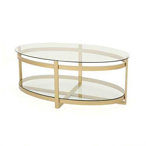 Christopher Knight Home Bell Tempered Glass Coffee Table | Round | Modern | Brass Finish, Clear