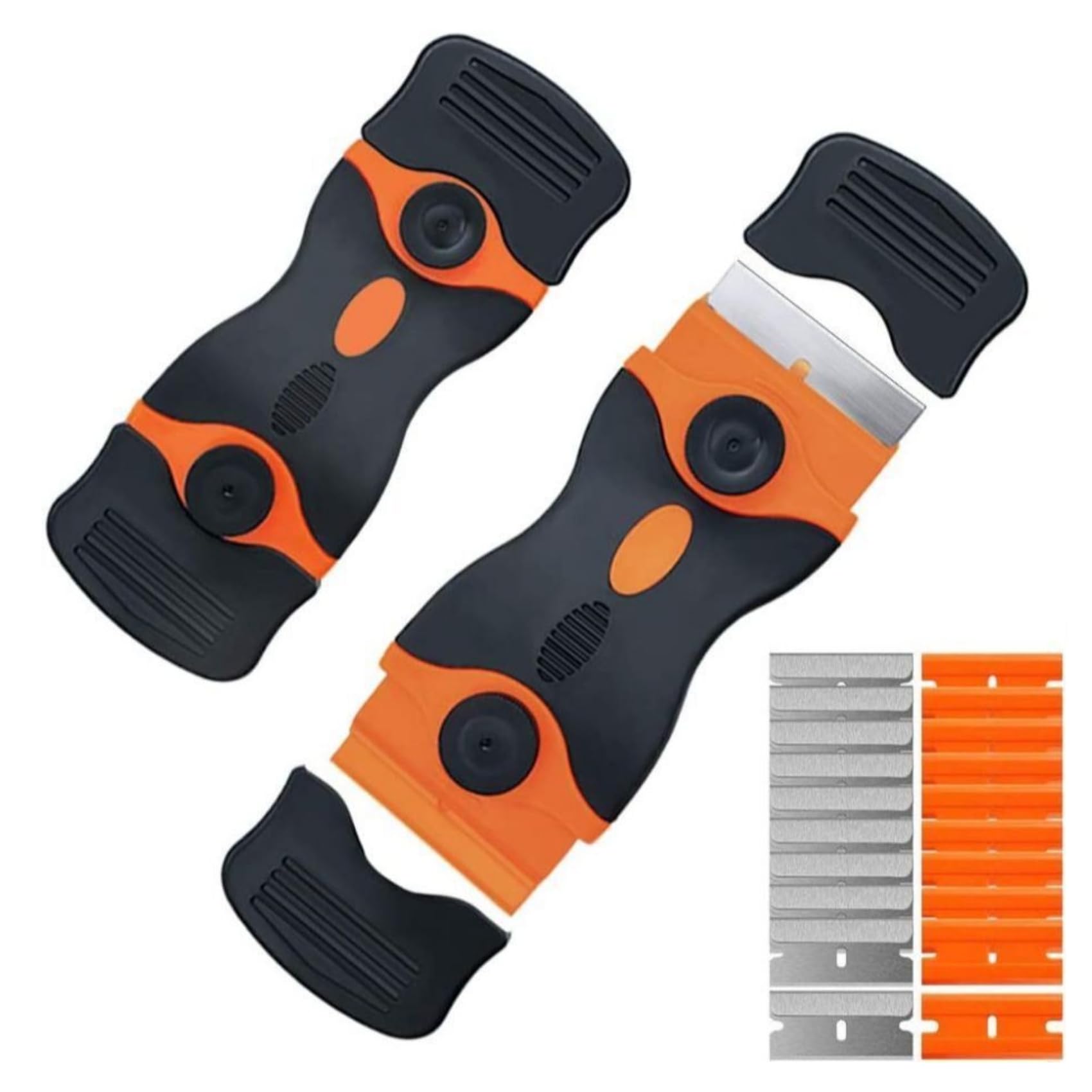 Scraper Tool Set with 20 Razor Blades for Removing Labels, Decals and Stickers from Glass and Stove Tops, 2-in-1 Design,Black and orange (orange)