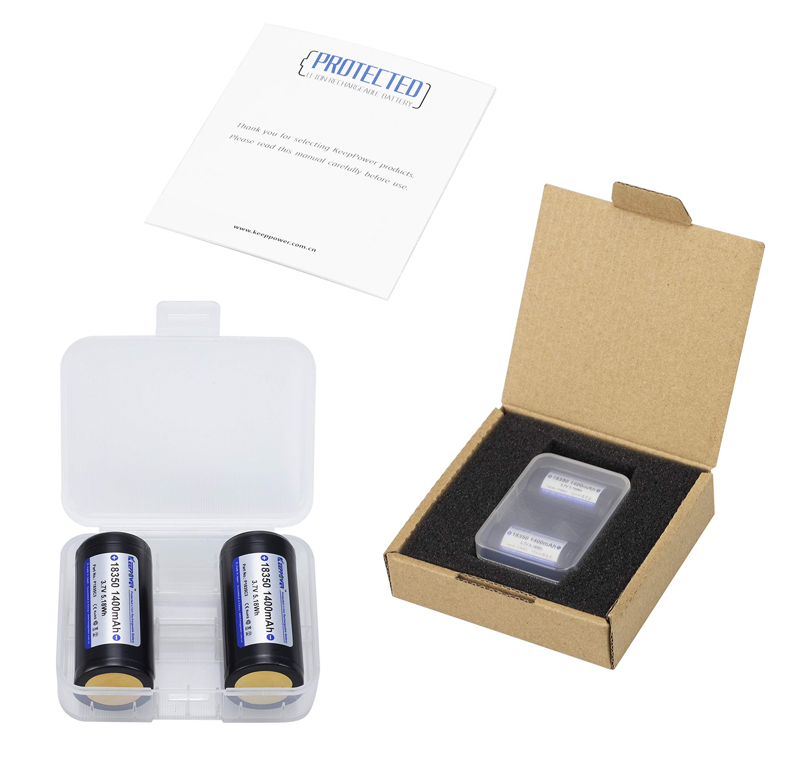 Keeppower Protected 18350 Li-ion Rechargeable Battery Button Top 3.7V 1400mAh 5.18Wh for Flashlight (NOT High Drain) (2 Pack)